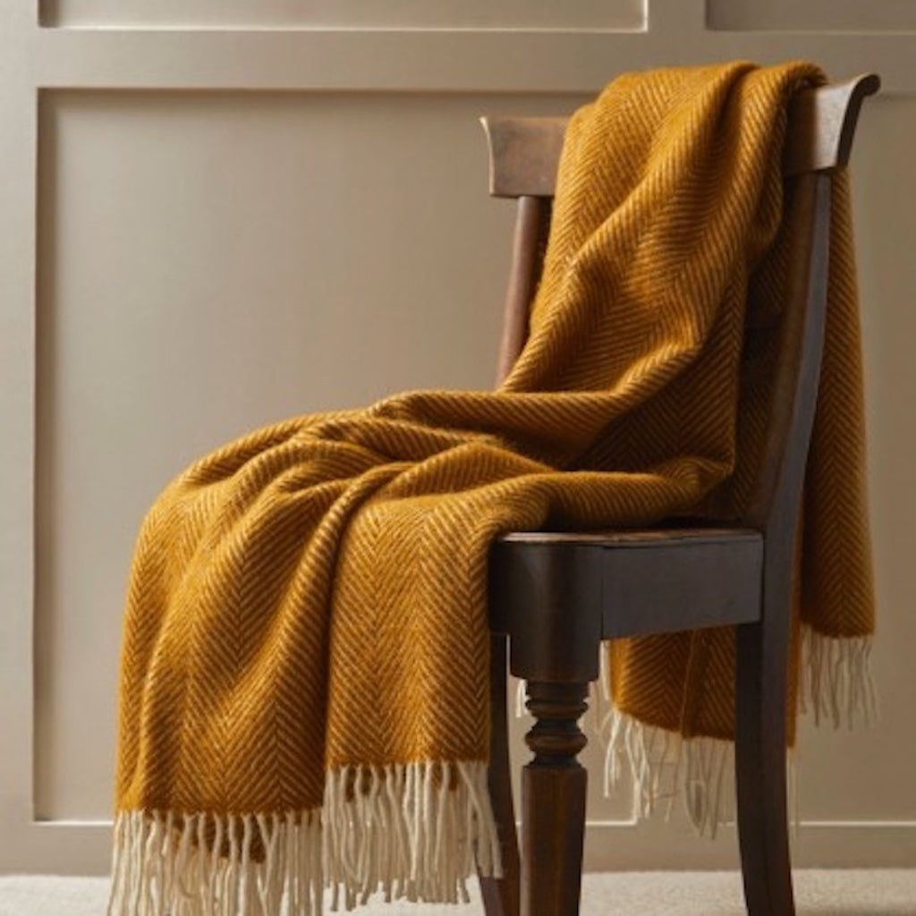 Tweedmill Fishbone Wool Throw in Mustard | Idyll Home