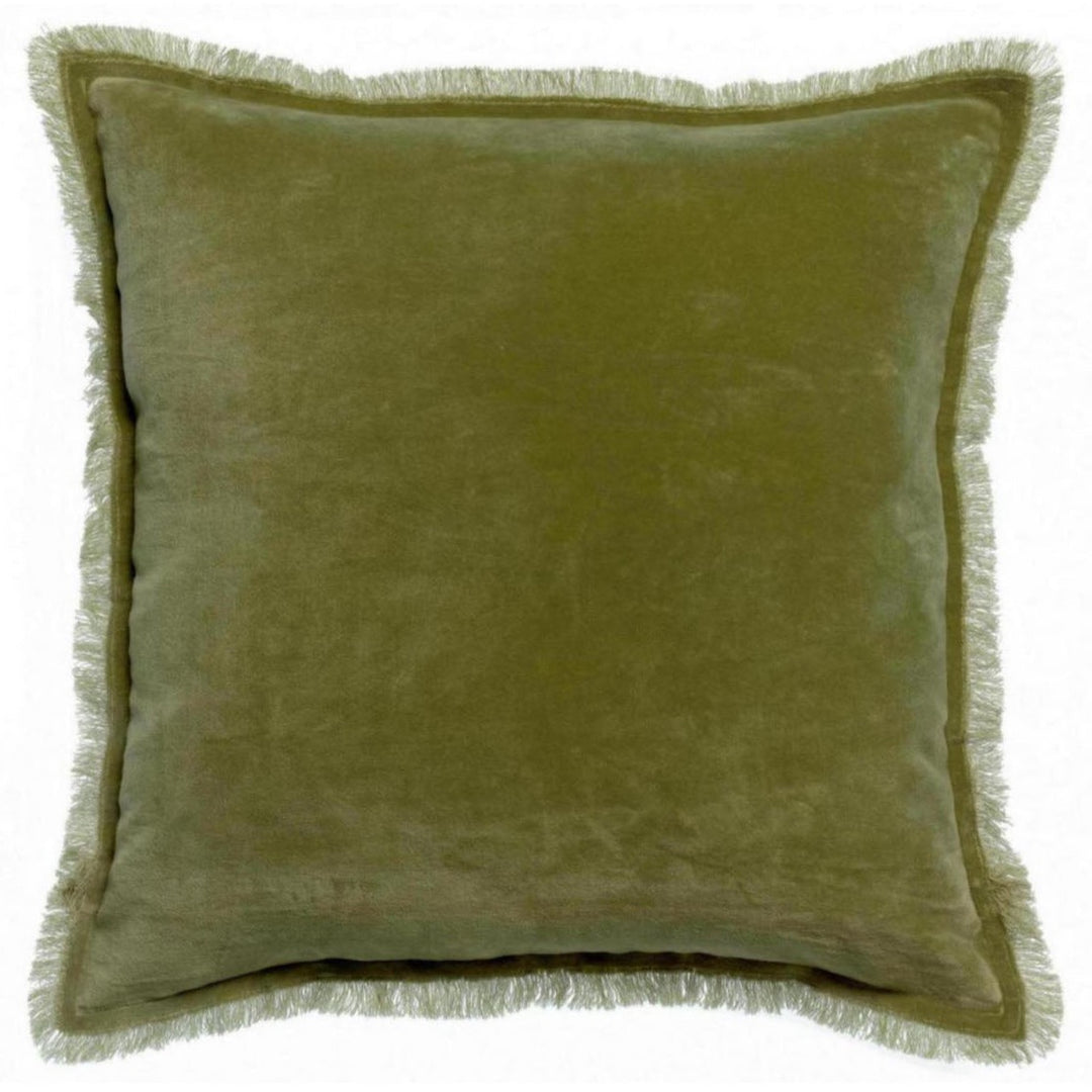 Olive Green Velvet Cushion with Fringe – Idyll Home